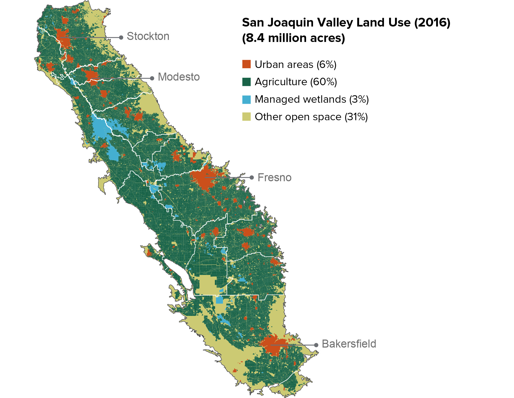 The San Joaquin Valley’s urban centers are surrounded by farmland ...